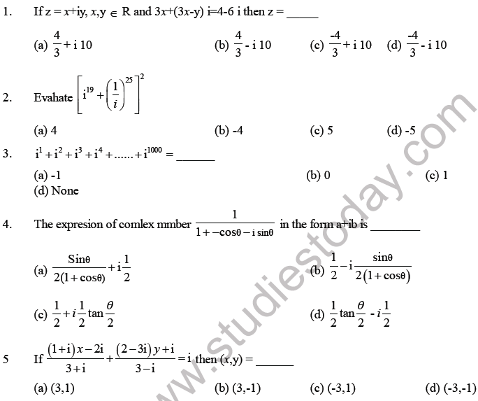 JEE Mathematics Complex Numbers MCQs Set A with Answers